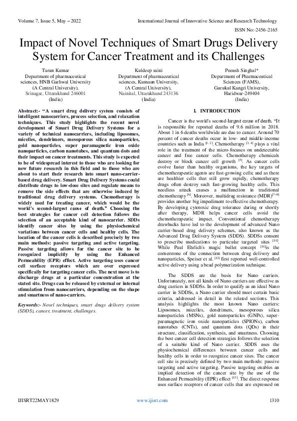 (PDF) Impact of Novel Techniques of Smart Drugs Delivery System for ...