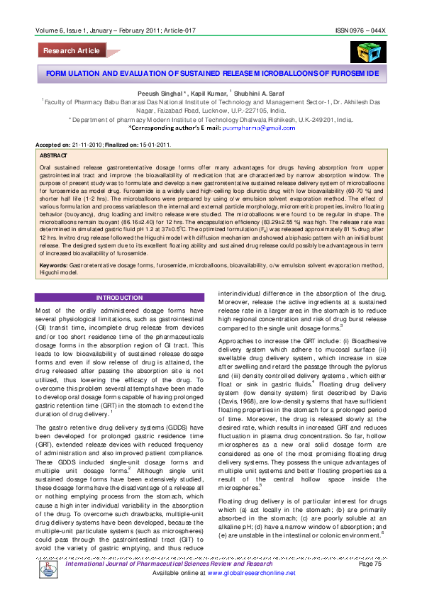 Pdf Formulation And Evaluation Of Sustained Release Microballoons Of Furosemide
