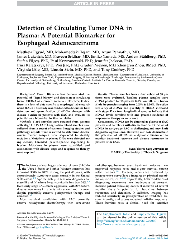 Pdf Detection Of Circulating Tumor Dna In Plasma A Potential Biomarker For Esophageal
