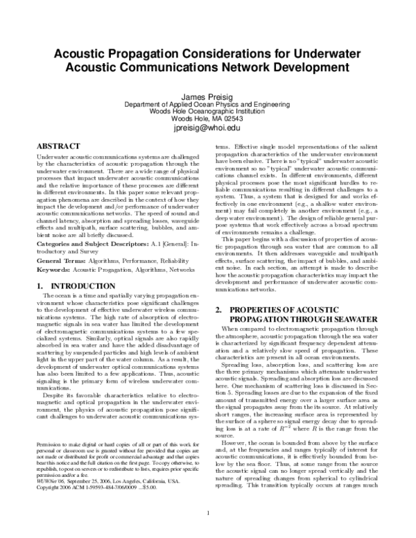 Pdf Acoustic Propagation Considerations For Underwater Acoustic Communications Network Development