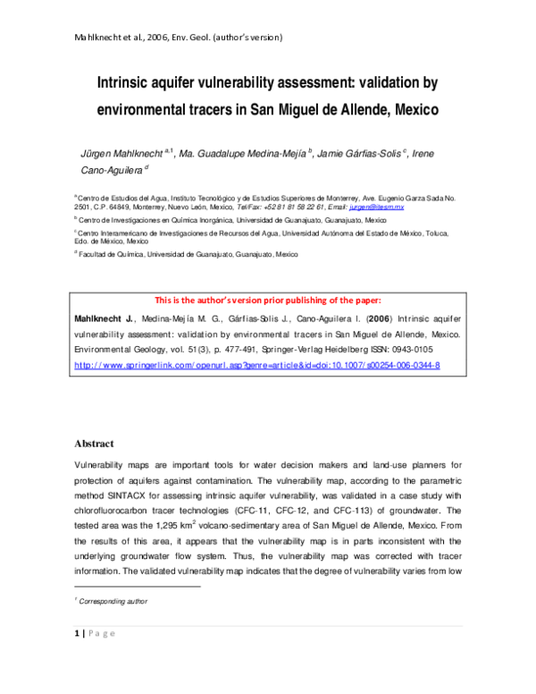 (PDF) Intrinsic aquifer vulnerability assessment: validation by environmental tracers in San ...