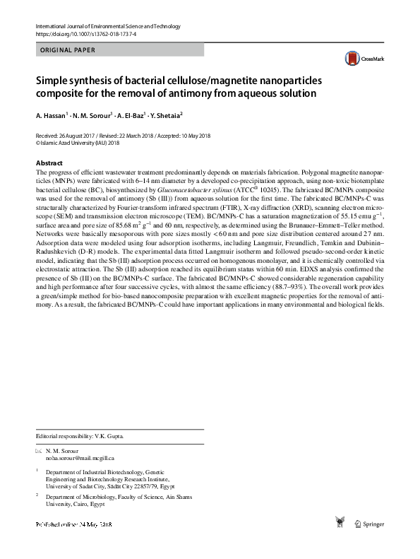 (PDF) Simple synthesis of bacterial cellulose/magnetite nanoparticles ...