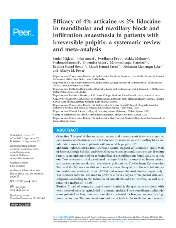 (PDF) Efficacy of 4% articaine vs 2% lidocaine in mandibular and ...