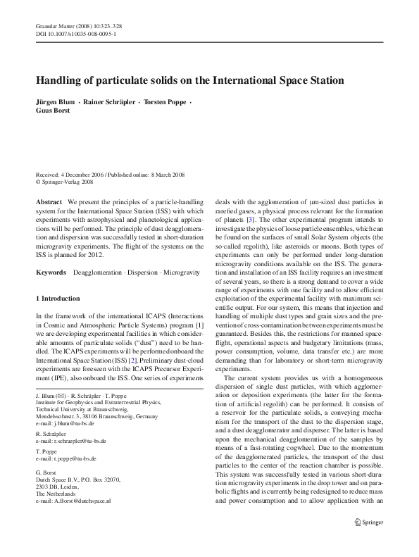 (PDF) Handling of particulate solids on the International Space Station