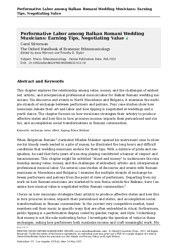 (PDF) Performative Labor among Balkan Romani Wedding Musicians: Earning Tips, Negotiating Value.