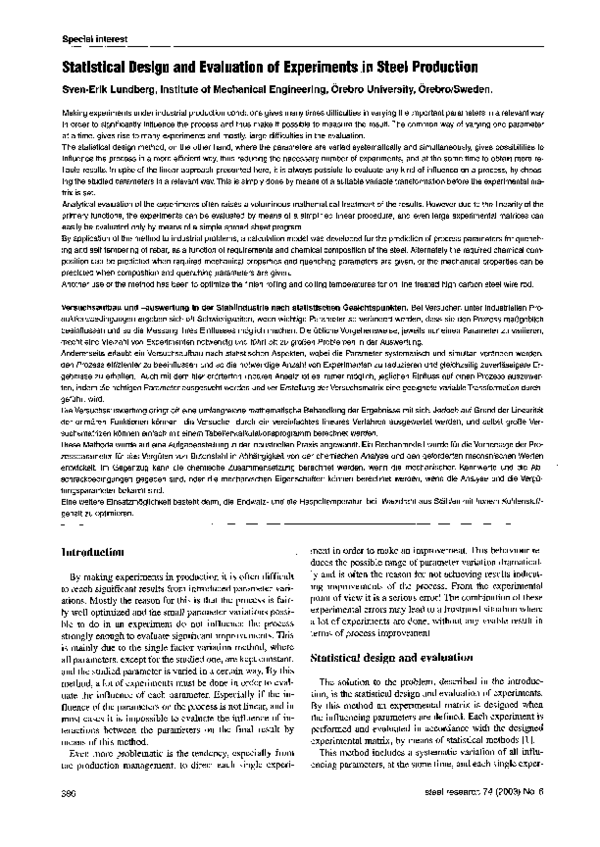 (PDF) Statistical Design and Evaluation of Experiments in Steel Production