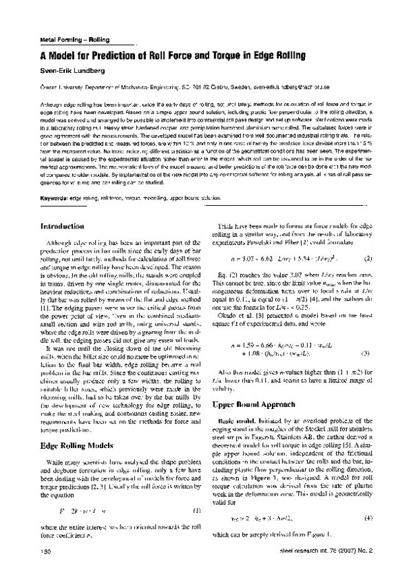 (PDF) A Model for Prediction of Roll Force and Torque in Edge Rolling