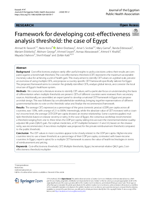 (PDF) Framework for developing cost-effectiveness analysis threshold: the case of Egypt