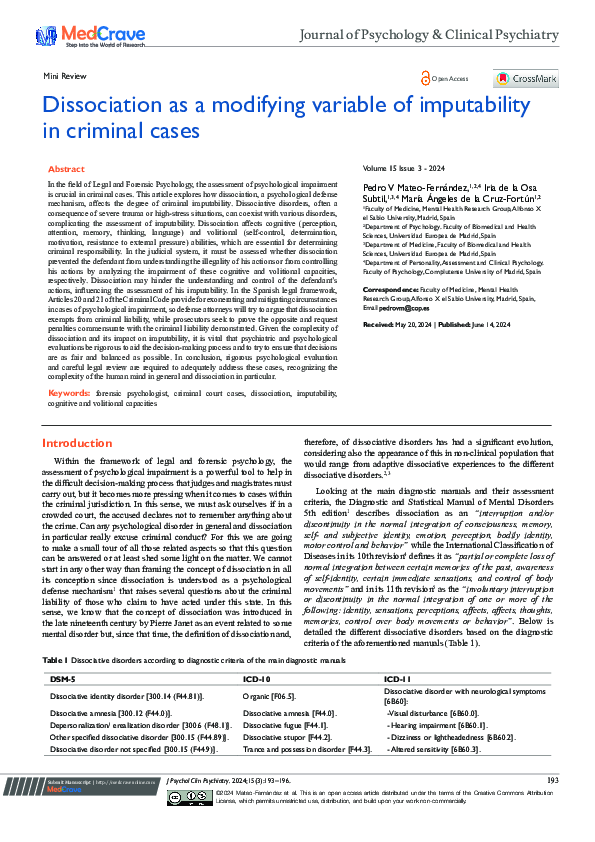 (PDF) Dissociation as a modifying variable of imputability in criminal ...
