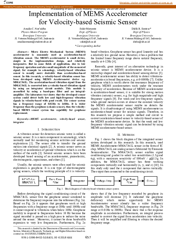 (PDF) Implementation of MEMS Accelerometer for Velocity-based Seismic Sensor