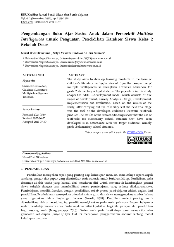 (PDF) Pengembangan Buku Ajar Sastra Anak dalam Perspektif Multiple Intelligences untuk Penguatan ...