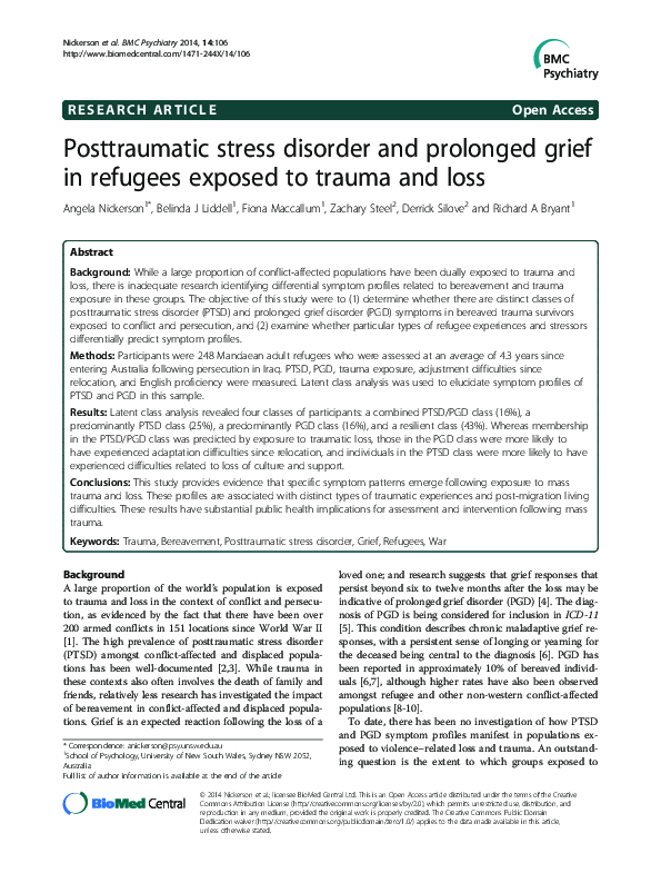 (PDF) Posttraumatic stress disorder and prolonged grief in refugees exposed to trauma and loss