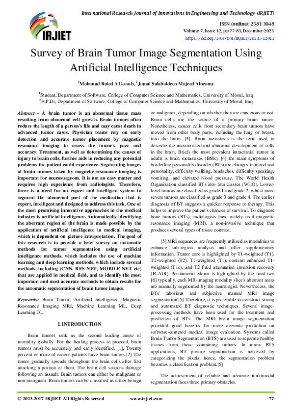 Pdf Survey Of Brain Tumor Image Segmentation Using Artificial Intelligence Techniques