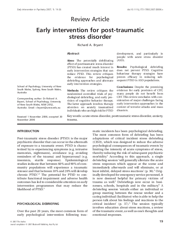 (PDF) Review of Early PTSD Interventions: Debriefing vs CBT