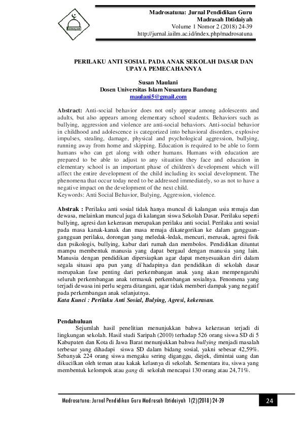 (PDF) Perilaku Anti Sosial Pada Anak Sekolah Dasar Dan Upaya Pemecahannya