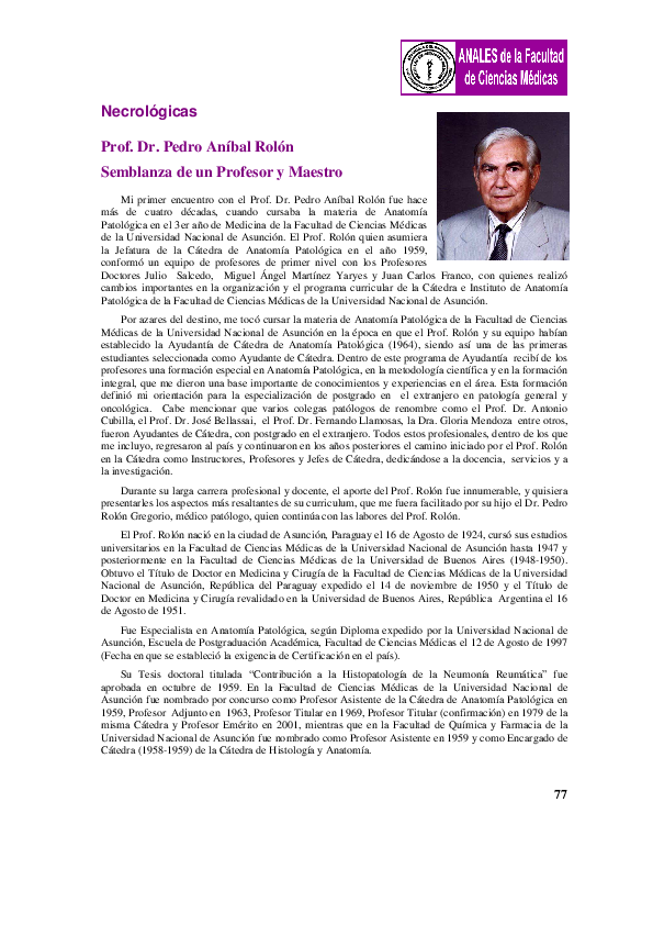 (PDF) Prof. Dr. Pedro Aníbal Rolón: Semblanza de un Profesor y Maestro