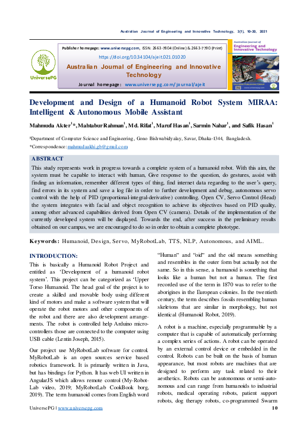 (PDF) Development and Design of a Humanoid Robot System MIRAA ...