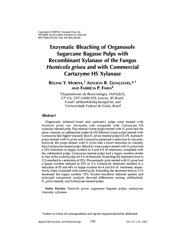 (PDF) Enzymatic Bleaching of Organosolv Sugarcane Bagasse Pulps with ...
