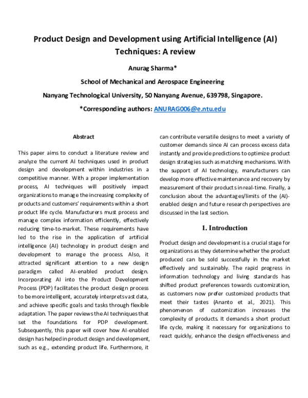 (PDF) Product design and development using Artificial Intelligence (AI ...