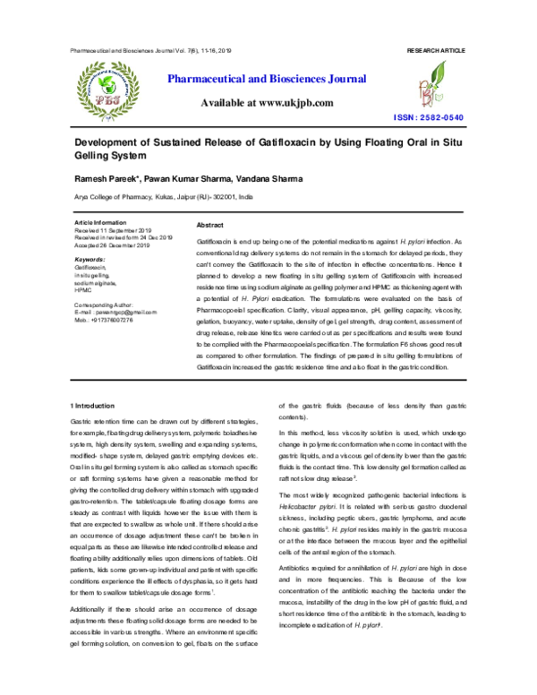 Pdf Development Of Sustained Release Of Gatifloxacin By Using Floating Oral In Situ Gelling System
