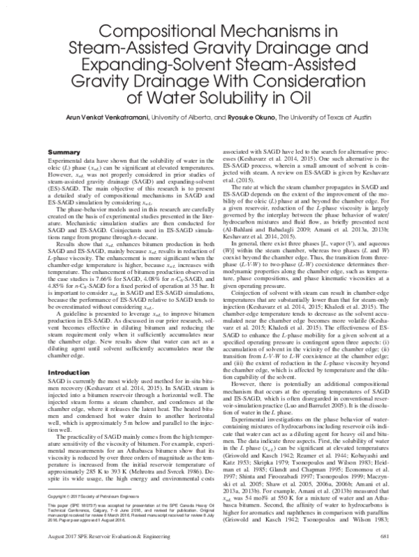 (PDF) Compositional Mechanisms in SAGD and ES-SAGD With Consideration of Water Solubility in Oil