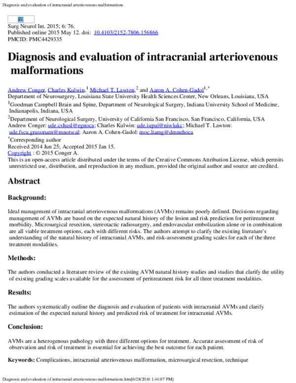 Pdf Diagnosis And Evaluation Of Intracranial Arteriovenous