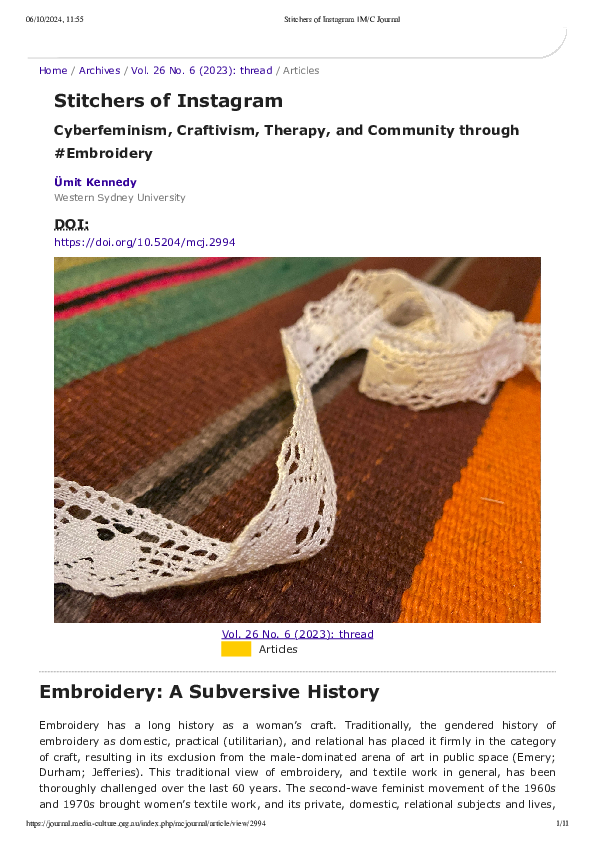 (PDF) Stitchers of Instagram: Cyberfeminism, Craftivism, Therapy, and ...