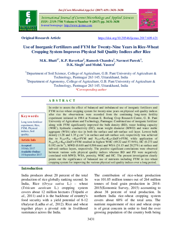 (PDF) Use of Inorganic Fertilizers and FYM for Twenty-Nine Years in Rice-Wheat Cropping System ...