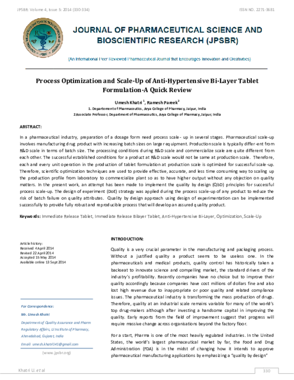 (PDF) Process Optimization and Scale-Up of Anti-Hypertensive Bi-Layer Tablet Formulation-A Quick ...
