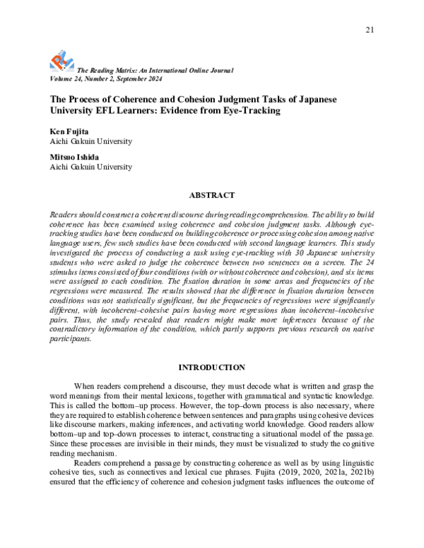 (PDF) The Process of Coherence and Cohesion Judgment Tasks of Japanese ...