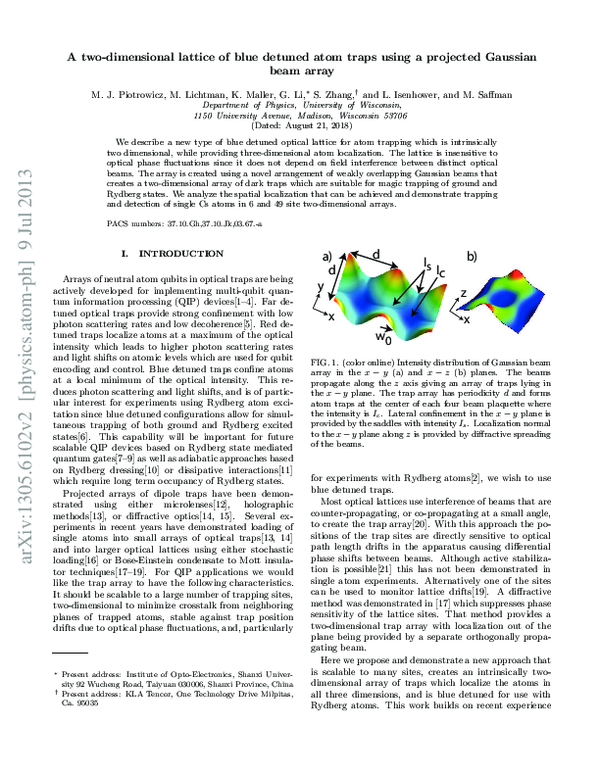 (PDF) Two-dimensional lattice of blue-detuned atom traps using a projected Gaussian beam array