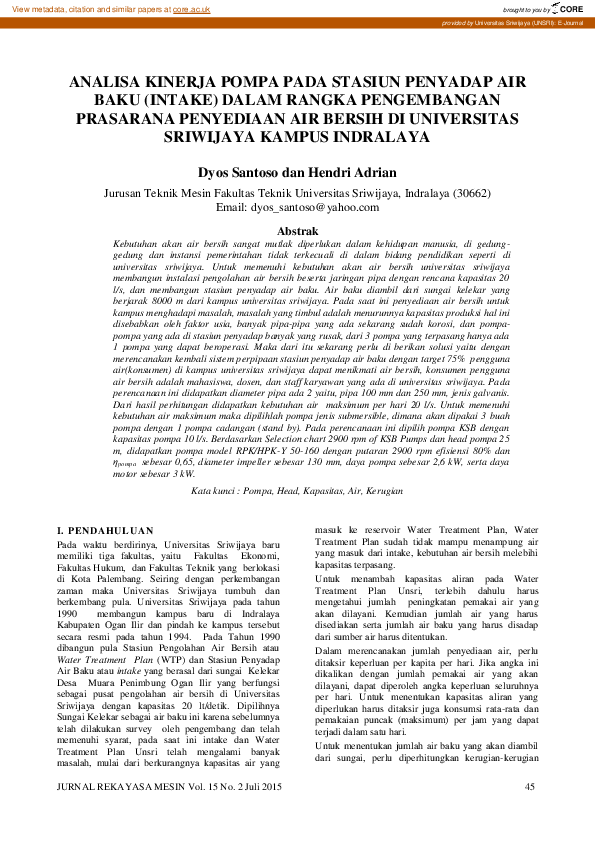 (PDF) Analisa Kinerja Pompa Pada Stasiun Penyadap Air Baku (Intake ...