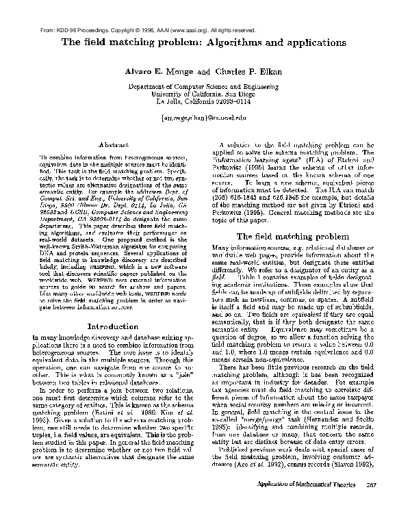 (PDF) The field matching problem: Algorithms and applications | Charles Elkan - Academia.edu