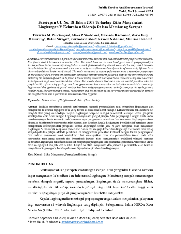 (PDF) Penerapan UU No. 18 Tahun 2008 Terhadap Etika Masyarakat Lingkungan V Kelurahan Sidorejo ...