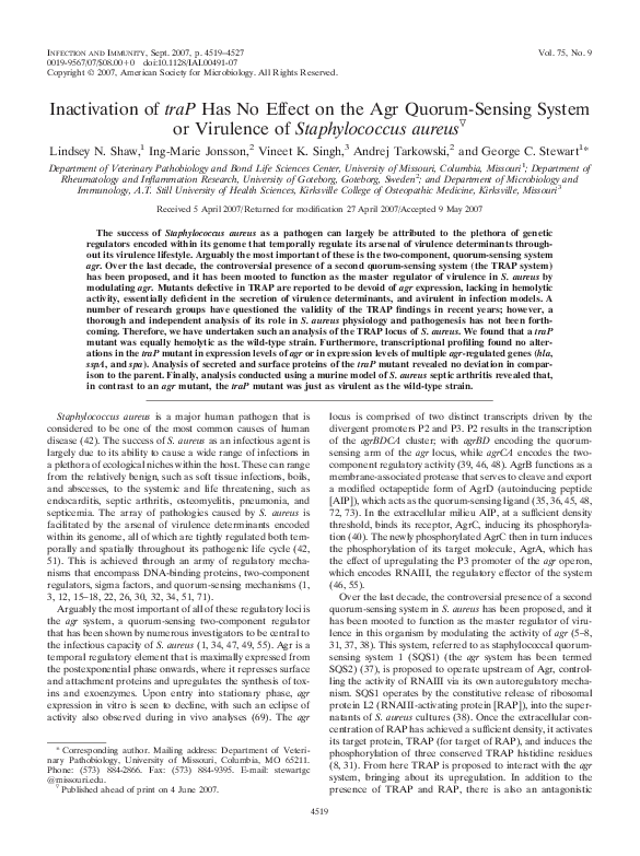(PDF) Inactivation of traP Has No Effect on the Agr Quorum-Sensing System or Virulence of ...
