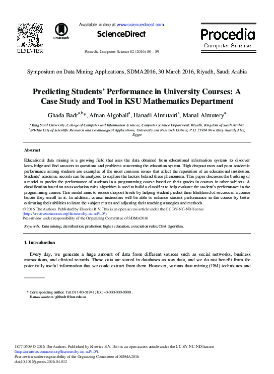 (PDF) Predicting Students’ Performance in University Courses: A Case Study and Tool in KSU ...