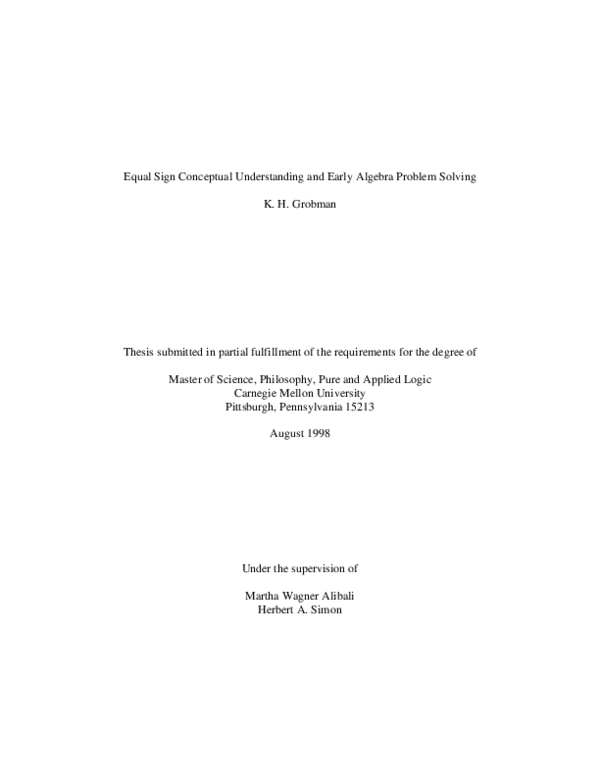(PDF) Equal Sign Conceptual Understanding and Early Algebra Problem Solving