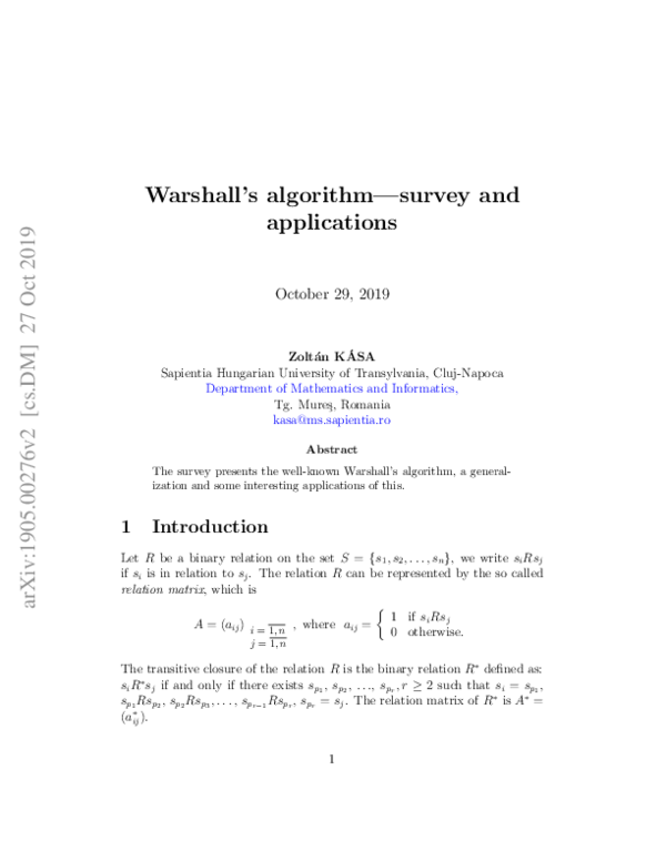 (PDF) Warshall's algorithm -- survey and applications