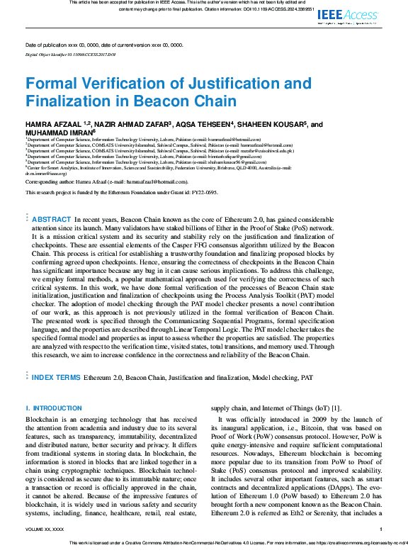 (PDF) Formal Verification of Justification and Finalization in Beacon Chain