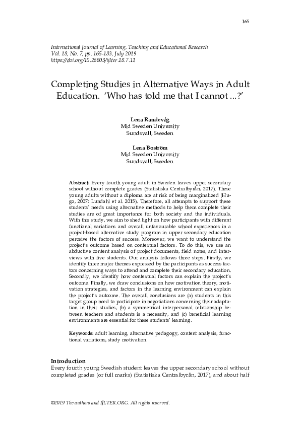 (PDF) Completing Studies in Alternative Ways in Adult Education. ‘Who ...