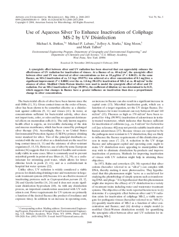 (PDF) Use of Aqueous Silver To Enhance Inactivation of Coliphage MS-2 ...