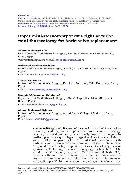 (PDF) Minimally Invasive Approaches for Aortic Valve Replacement