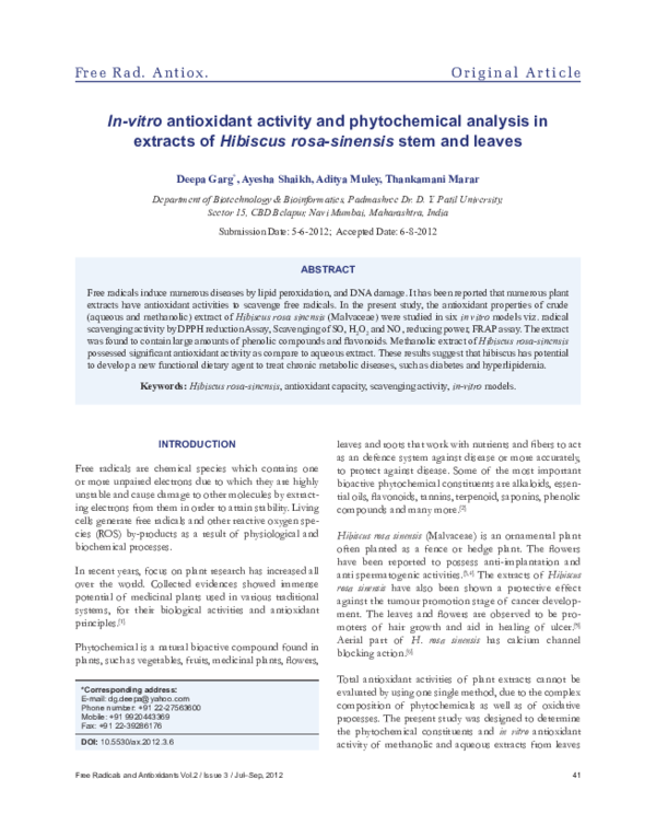 (PDF) In-vitro antioxidant activity and phytochemical analysis in extracts of Hibiscus rosa ...