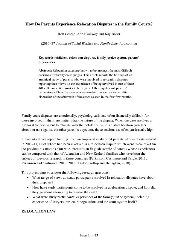 (PDF) How do parents experience relocation disputes in the family courts?