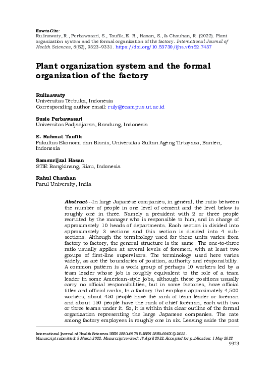 (PDF) Plant organization system and the formal organization of the factory