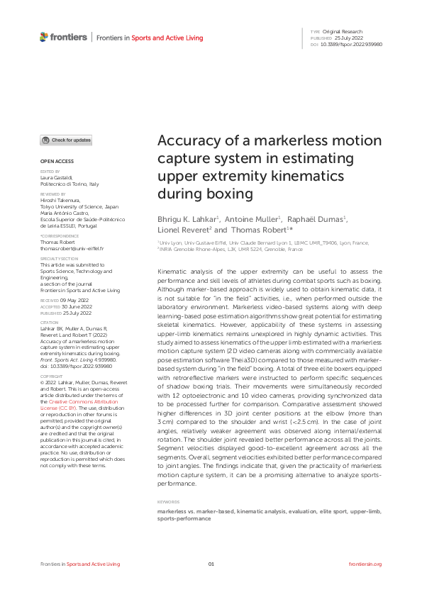 (PDF) Accuracy of a markerless motion capture system in estimating upper extremity kinematics ...