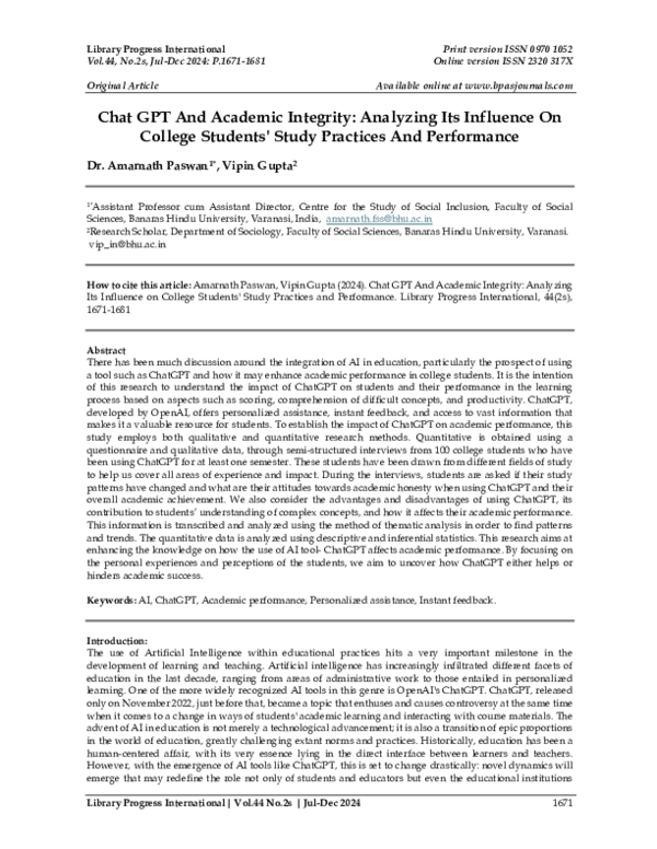 (PDF) Chat GPT And Academic Integrity: Analyzing Its Influence On College Students' Study ...