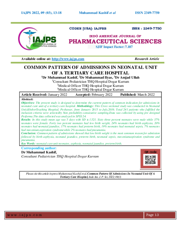 (PDF) Common Pattern of Admissions in Neonatal Unit of a Tertiary Care ...