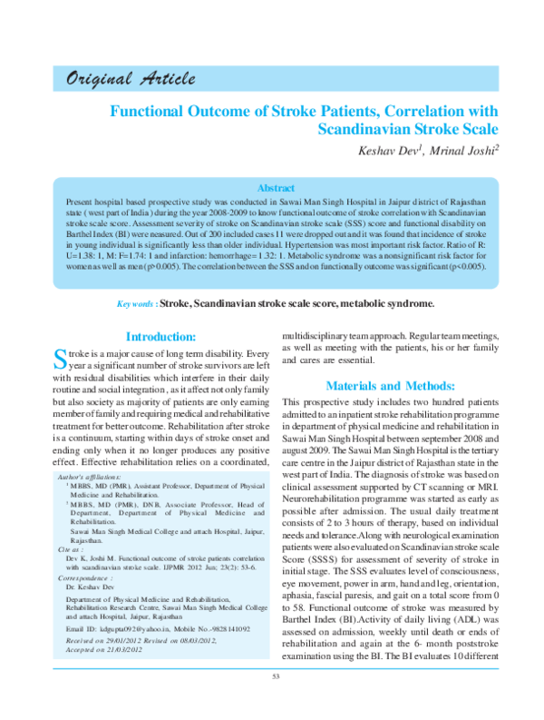 (PDF) Functional Outcome of Stroke Patients, Correlation with ...
