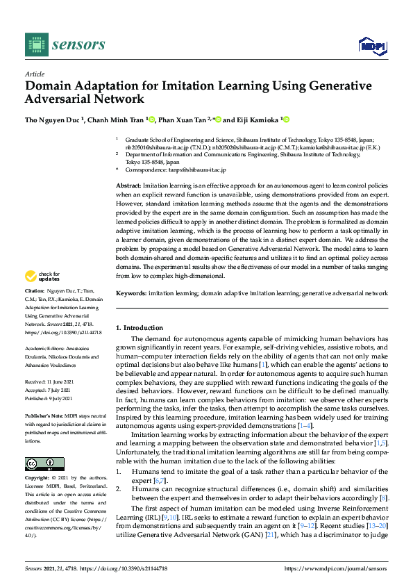 (PDF) Domain Adaptation for Imitation Learning Using Generative Adversarial Network